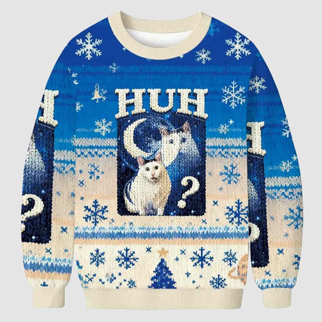 Huh Cat Funny Dank Meme Moon Ugly Christmas Sweater