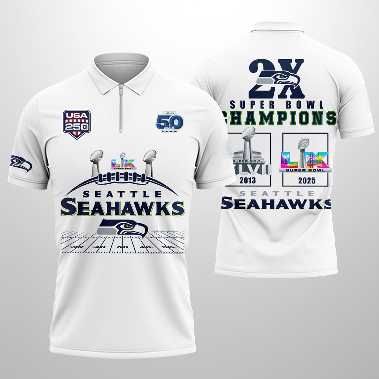 Seahawks 2025 2X SB LX Champions USA 250 Zip Polo Shirt
